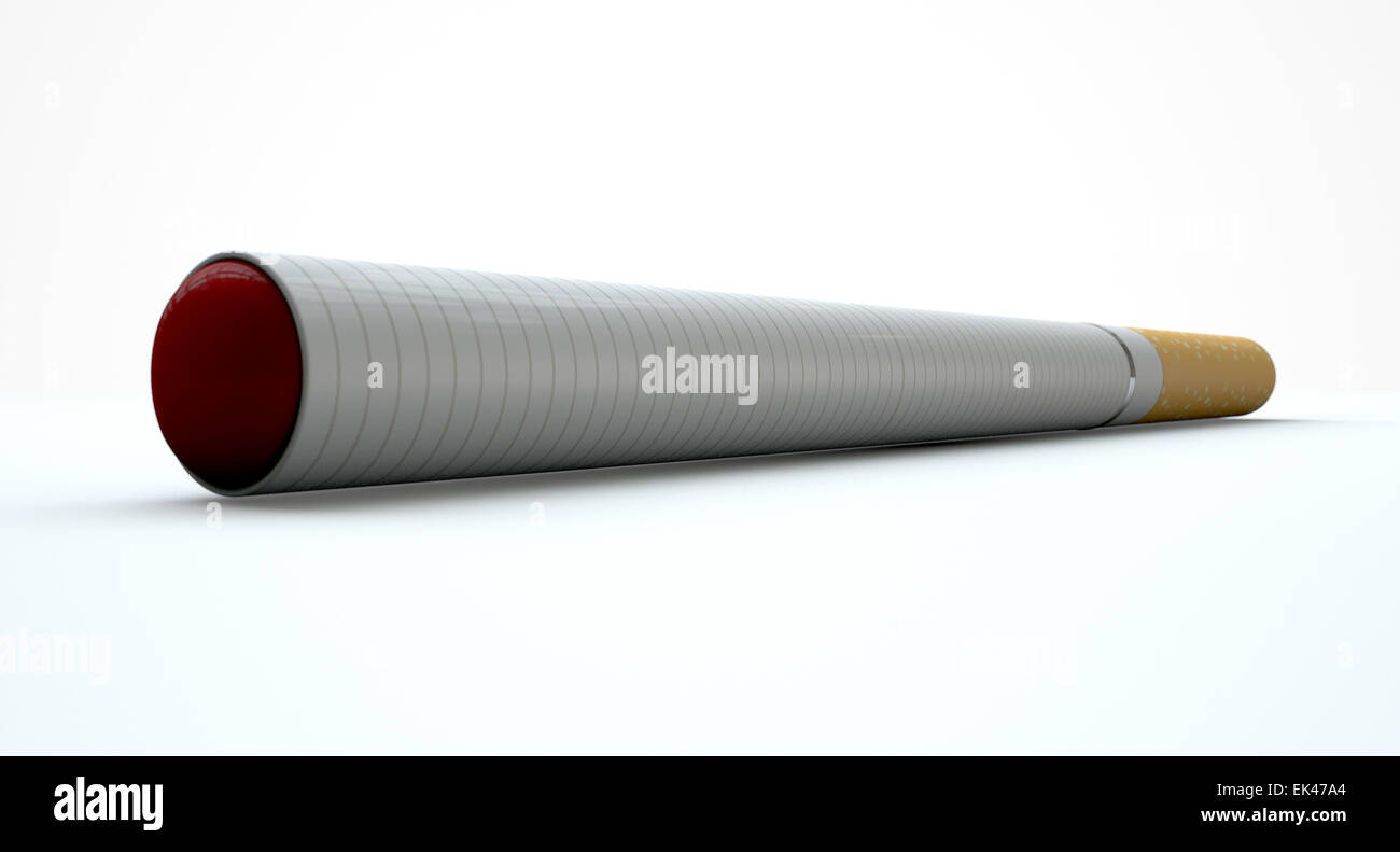 A close up of a regular electronic cigarette with a glowing red tip on ...