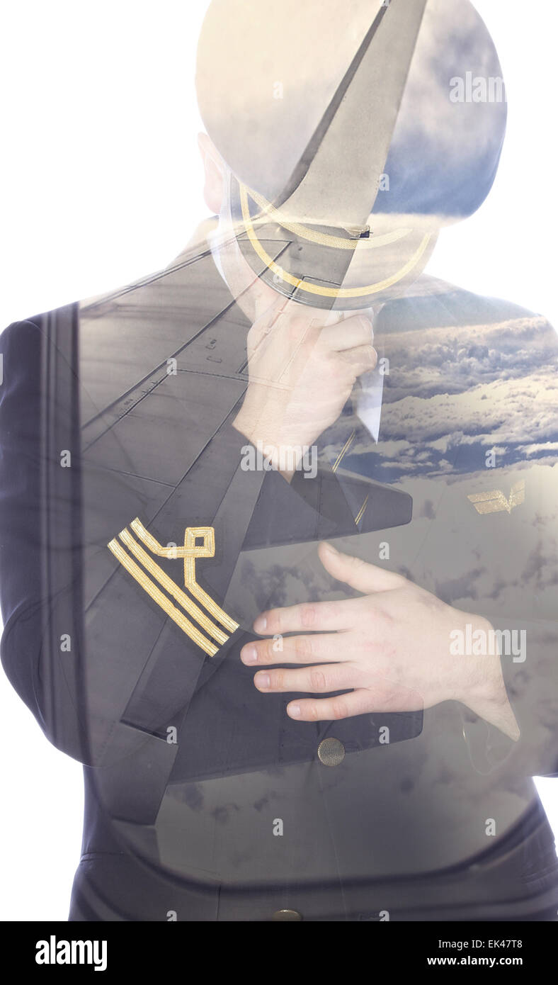 Sad pilot and wing wiev in double exposure Stock Photo - Alamy
