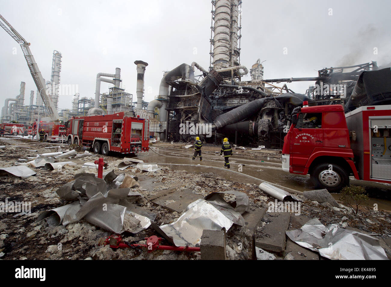 Gulei, China's Fujian Province. 7th Apr, 2015. Firefighting trucks park ...