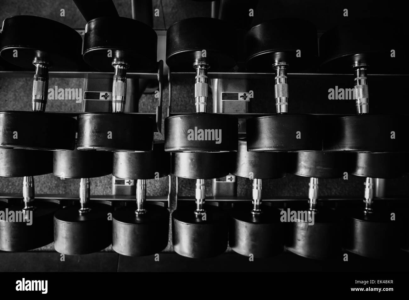 many weights in gym top view. Black and white Stock Photo - Alamy