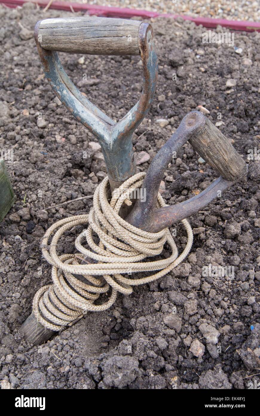 garden line recycled tools Stock Photo - Alamy