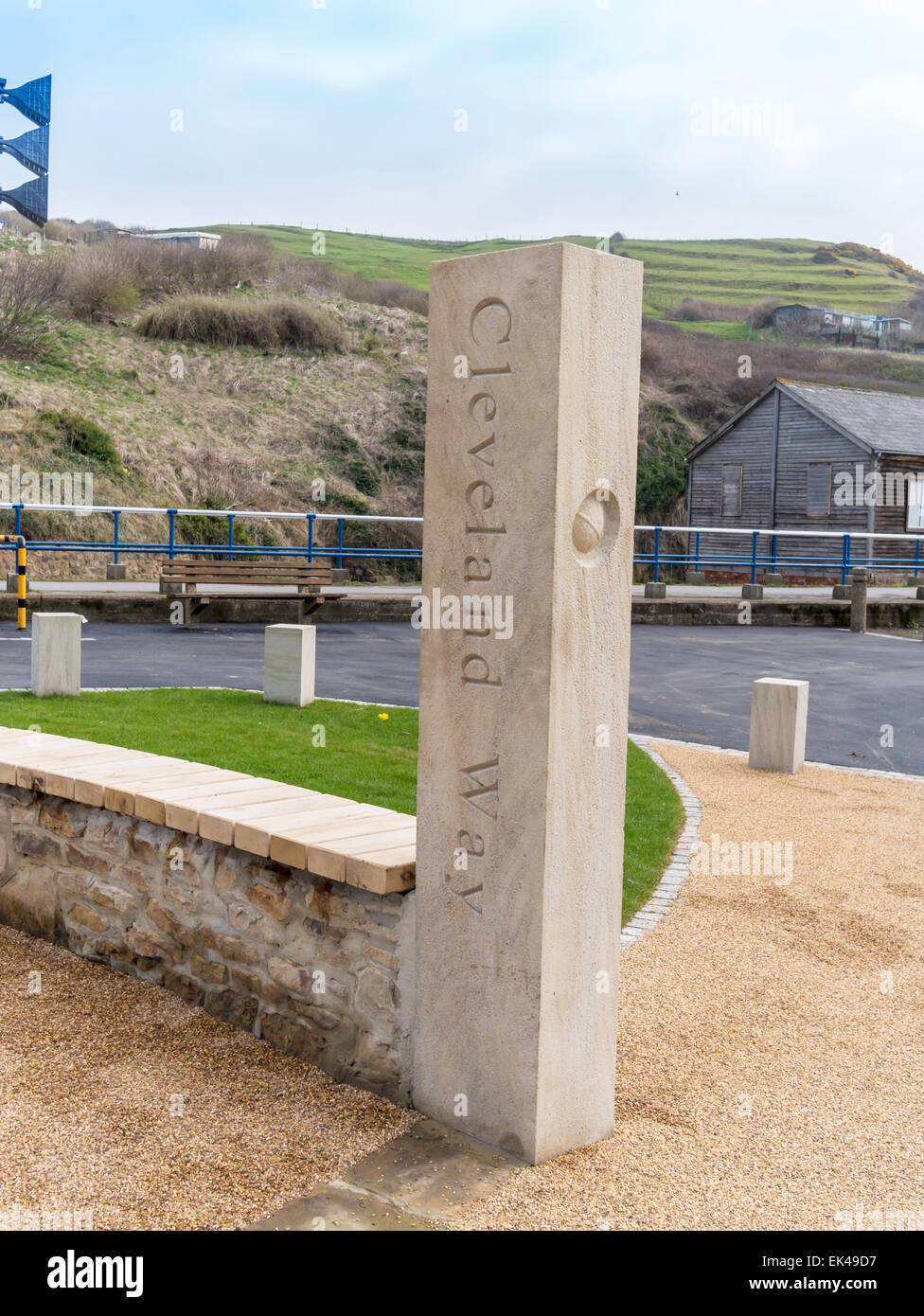 A new stone marker post at Skinningrove on the Cleveland Way long ...