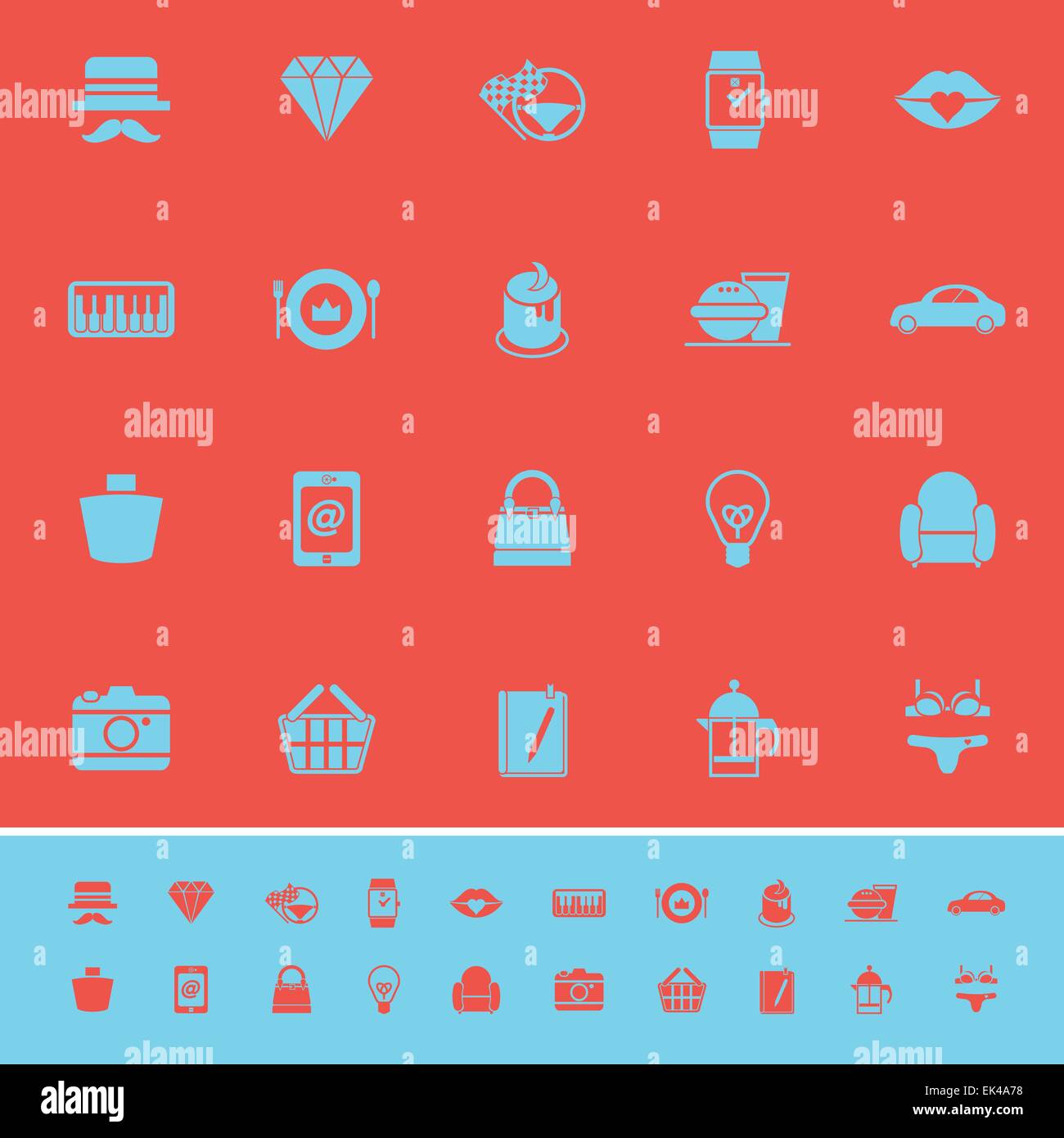 Department store item category color icons on red background, stock ...