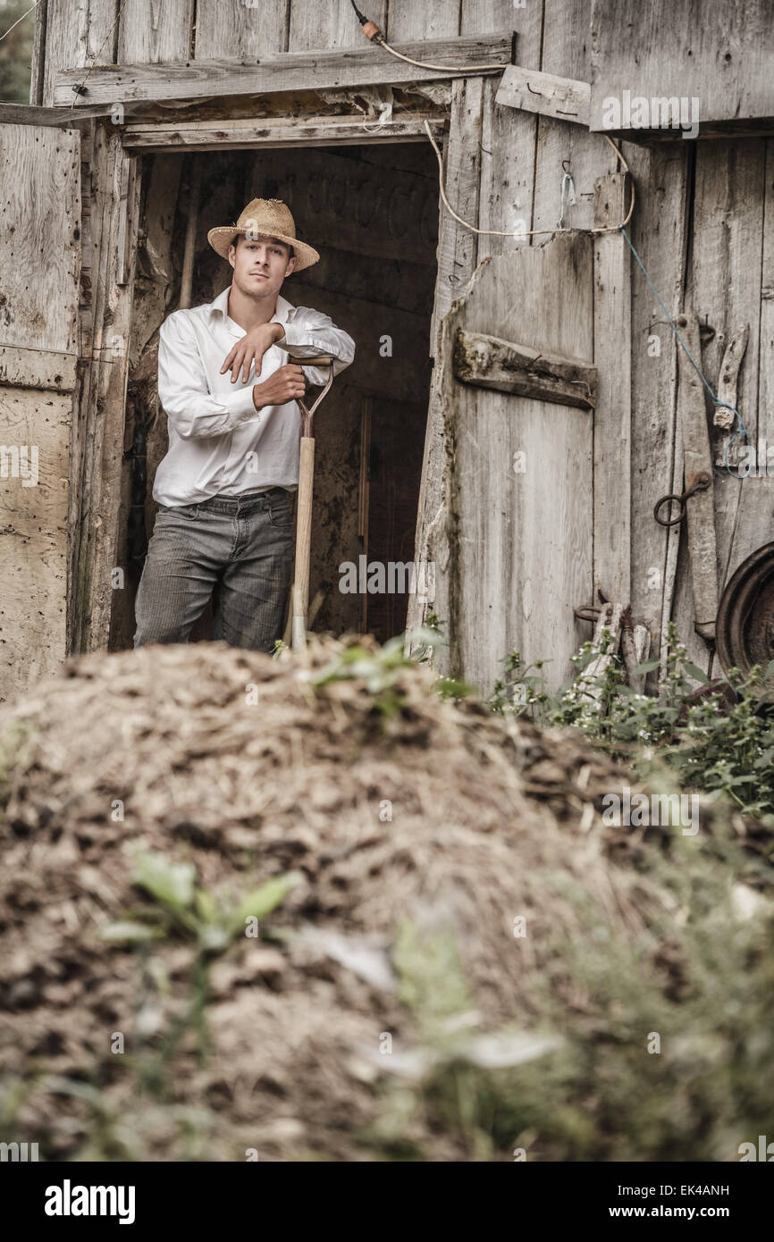 Farmer Shoveling the Horse Manure out of the Barn Stock Photo - Alamy