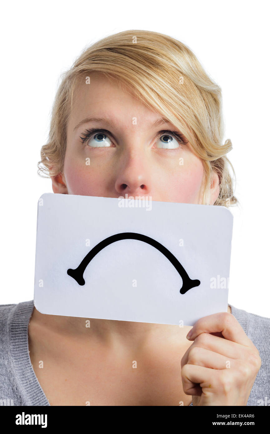 Unhappy Portrait of a Woman Holding a Sad Mood Board Isolated on white ...