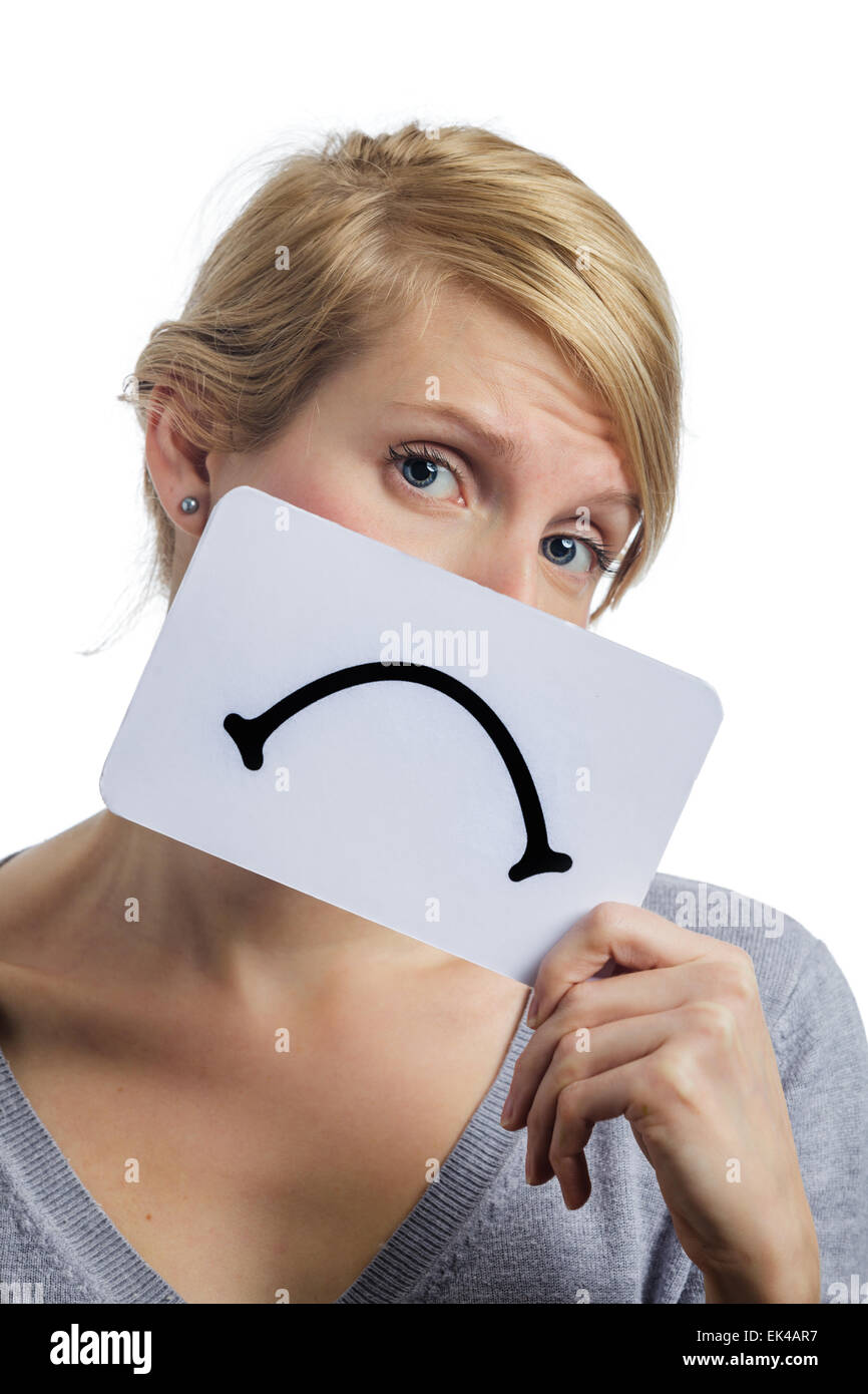 Unhappy Portrait of a Woman Holding a Sad Mood Board Isolated on white ...