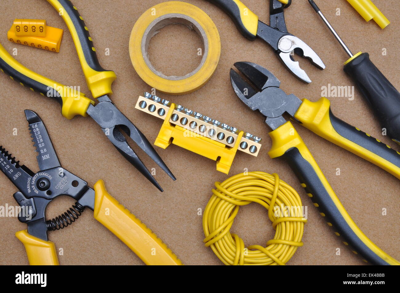 Tools for electrical installation on brown felt Stock Photo - Alamy