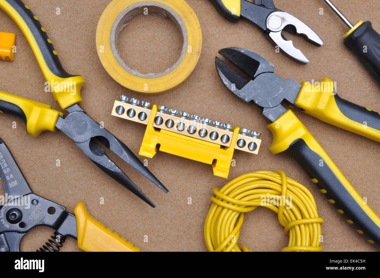 Tools for electrical installation on brown felt Stock Photo - Alamy