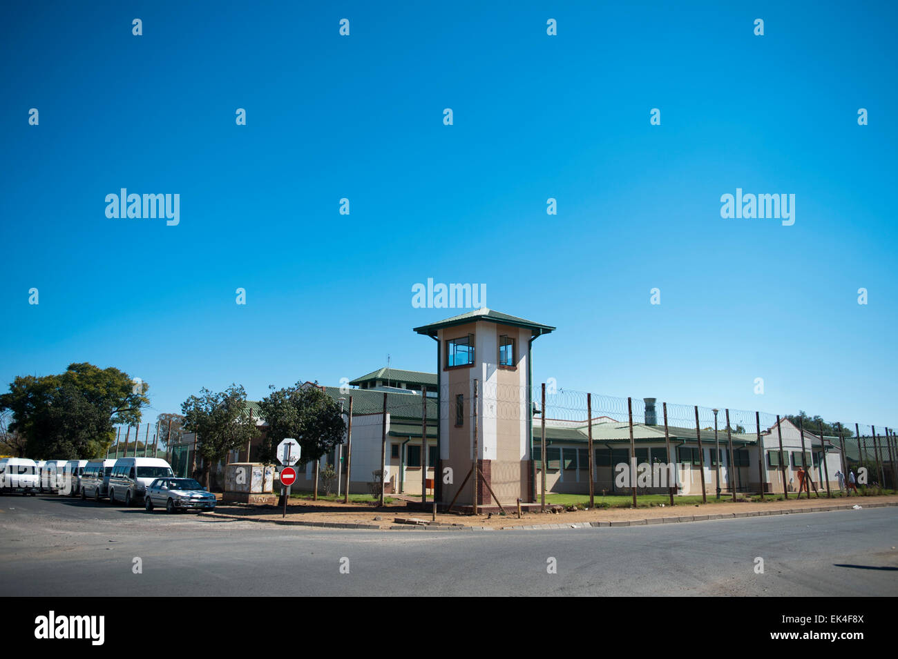 an outside view of the mafikeng prison with a warch tower still intact ...