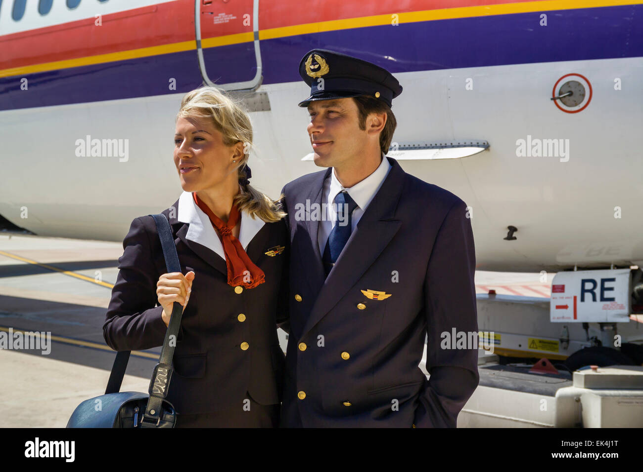 Italy, Sardinia, Olbia International Airport, flight assistants near an ...
