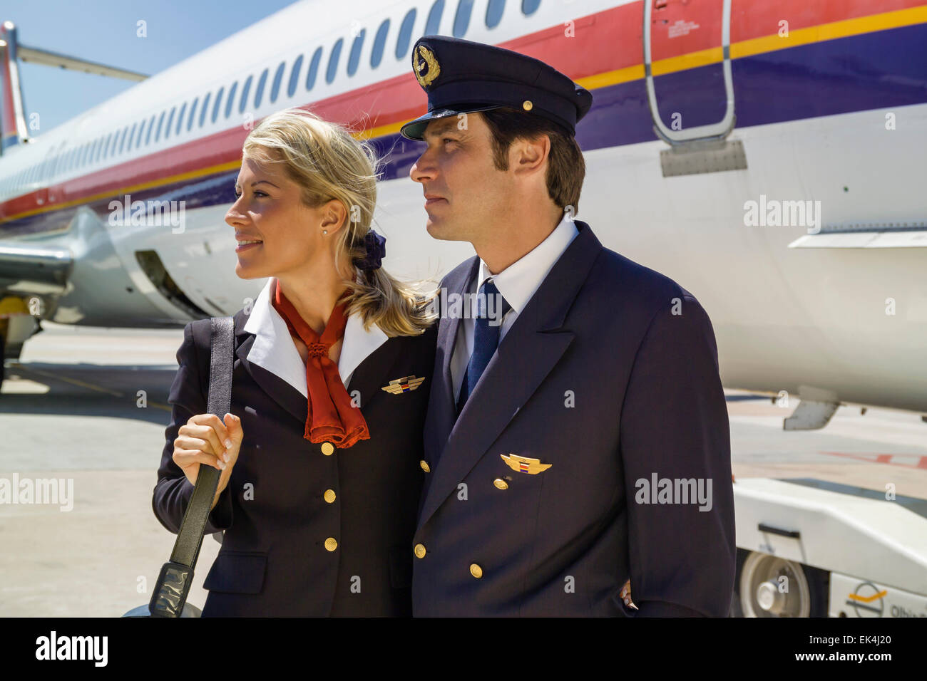 Italy, Sardinia, Olbia International Airport, flight assistants near an ...
