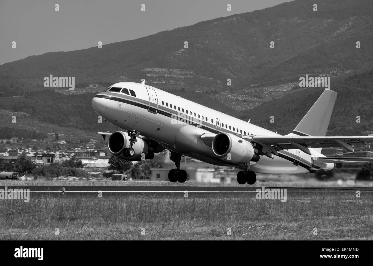 Italy, Tuscany, Florence International Airport, airplane take-off Stock ...