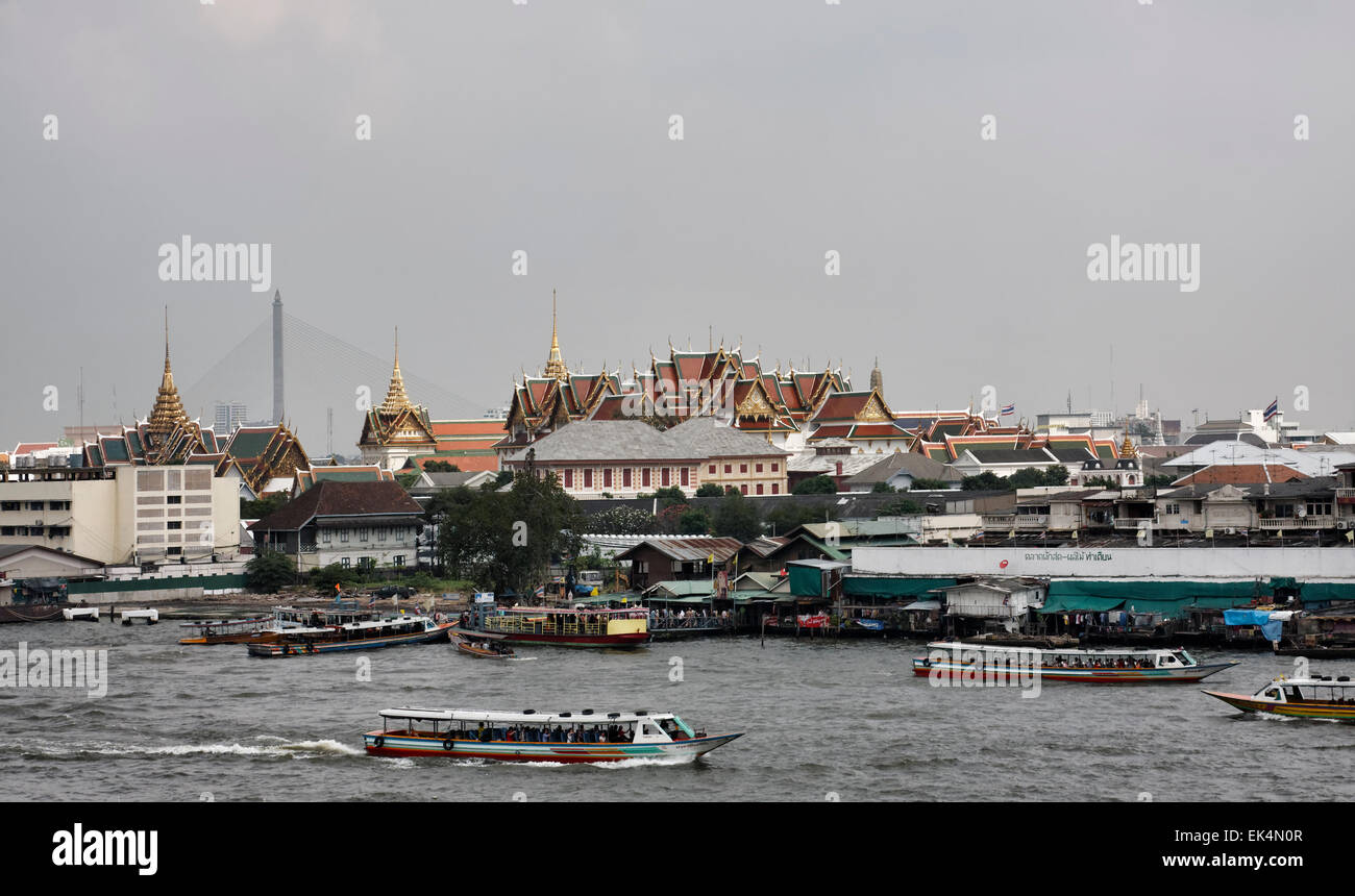 Thailand, Bangkok, view of the Chao Praya river and the skyline of the ...