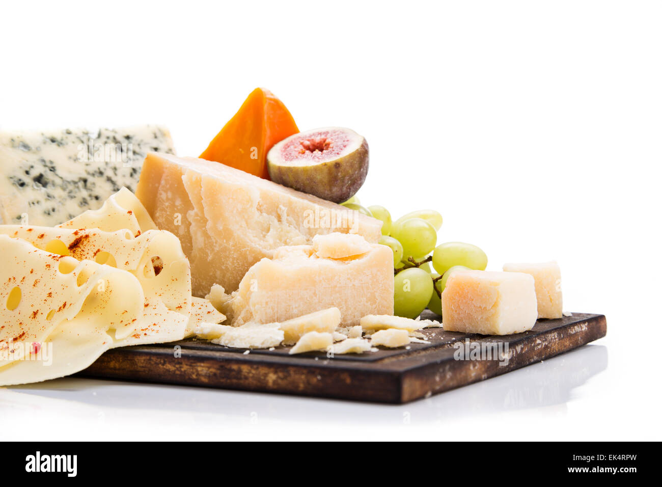 Various types of cheese on white background, still-life Stock Photo - Alamy