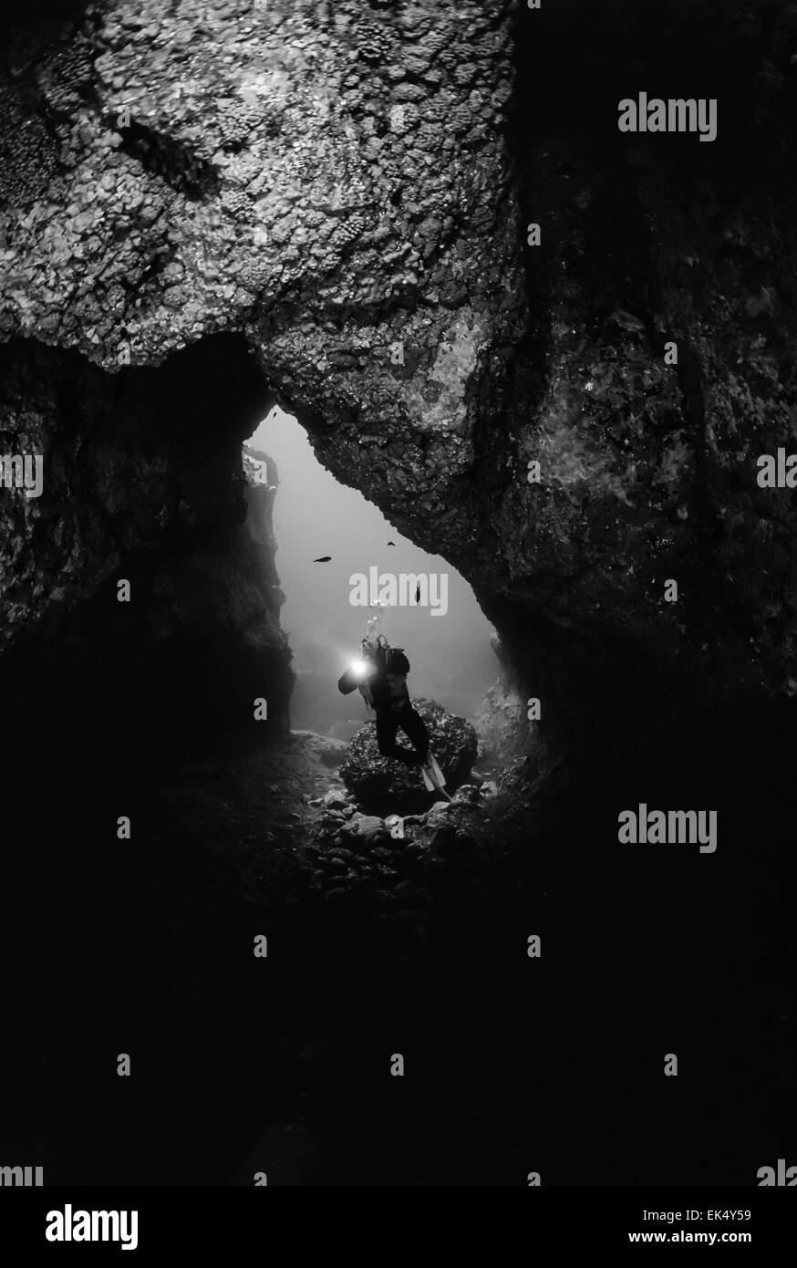 Italy, Ponza Island, UW photo, cave diving, scuba diver (FILM SCAN ...