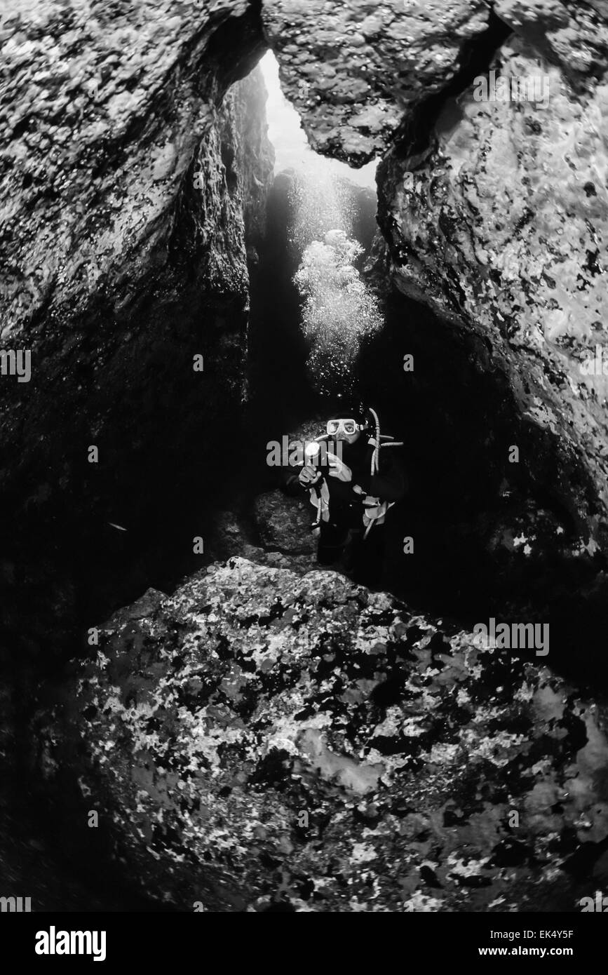 Italy, Ponza Island, UW photo, cave diving, scuba diver (FILM SCAN ...