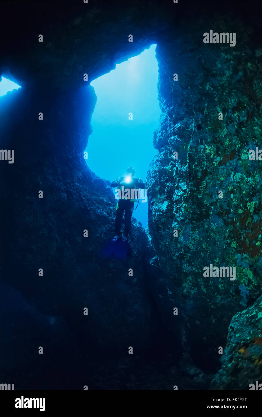 Italy, Ponza Island, UW photo, cave diving, scuba diver (FILM SCAN ...