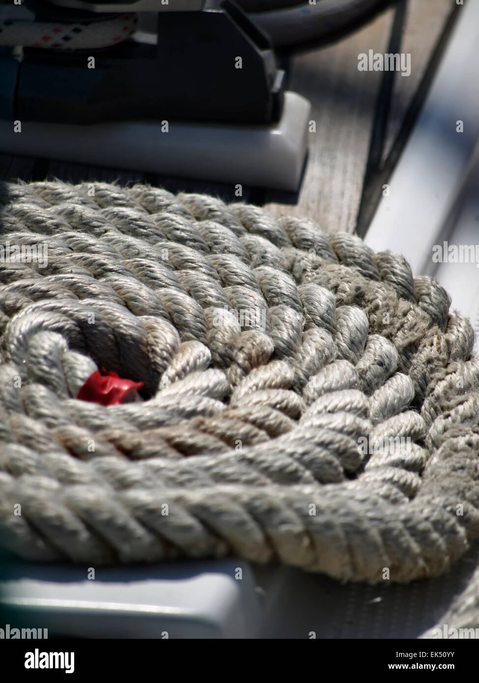 Italy, Sicily, Mediterranean Sea, nautical cable on a sailing boat ...
