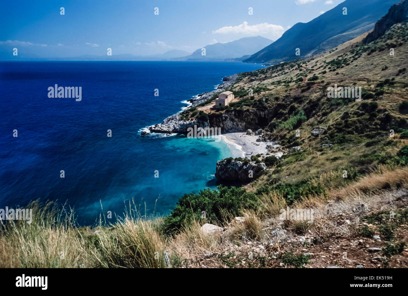 Italy, Sicily, Thyrrenian Sea, view of the sicilian rocky coastline ...
