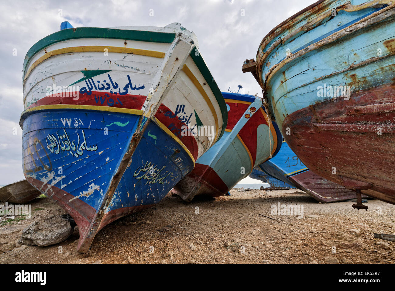 Italy, Sicily, Portopalo di Capo Passero, old libyan wooden fishing ...