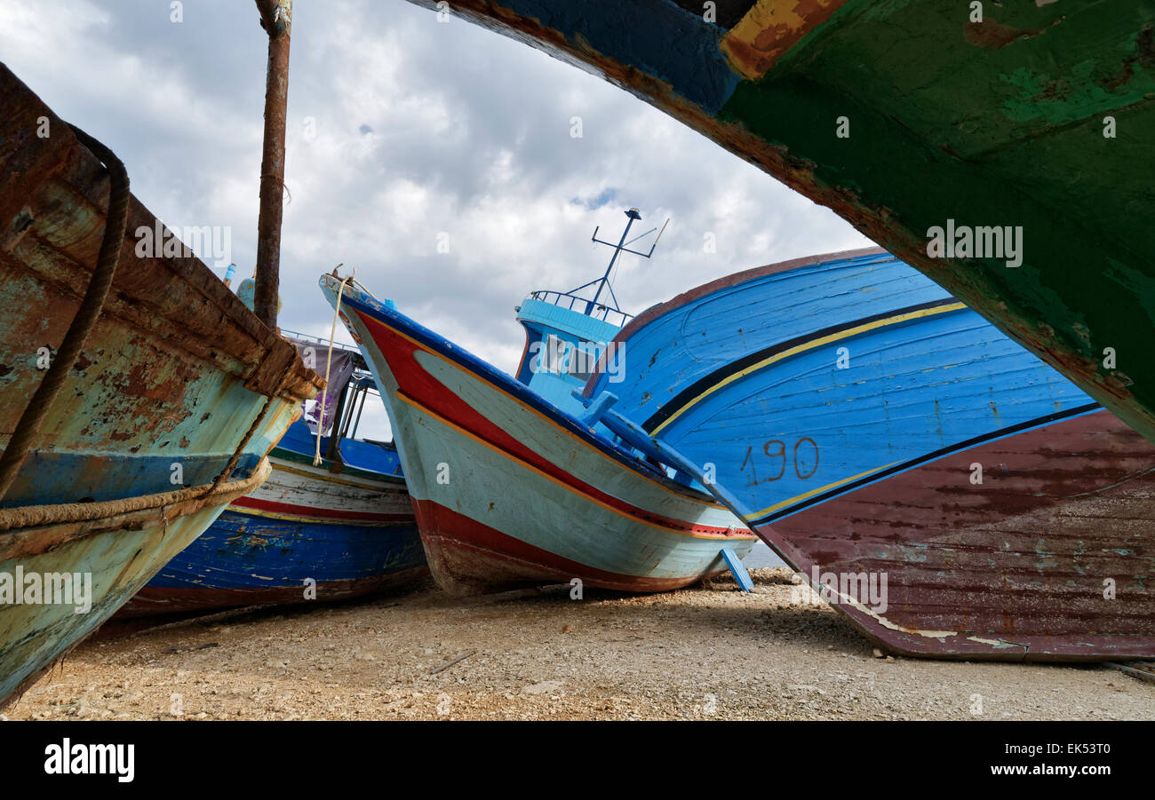 Italy, Sicily, Portopalo di Capo Passero, old libyan wooden fishing ...