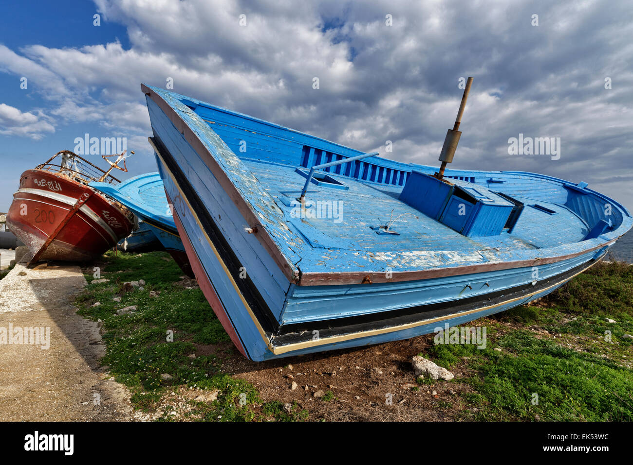 Italy, Sicily, Portopalo di Capo Passero, old libyan wooden fishing ...