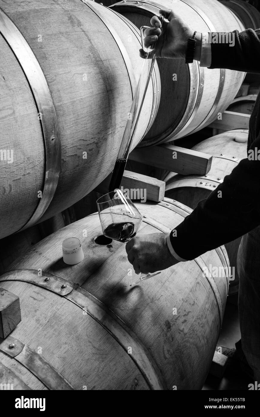 Italy, Sicily, red wine pouring from a wooden barrel into a glass in a ...