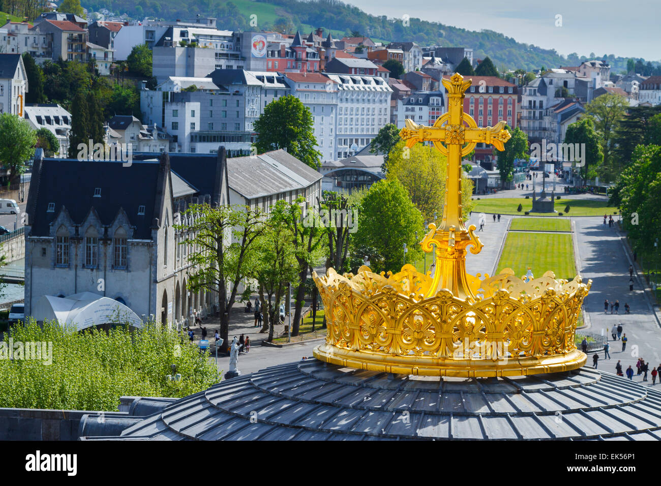 Golden crown in the Rosary Basilica. Lourdes city. Hautes-Pyrenees ...