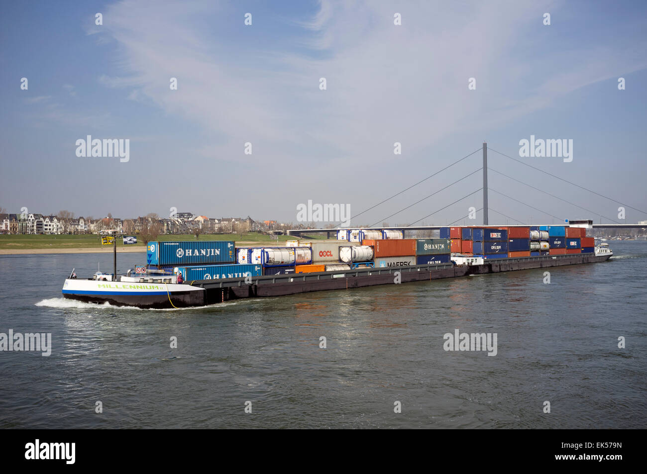 Millennium II barge loaded with containers, river Rhine, Dusseldorf ...