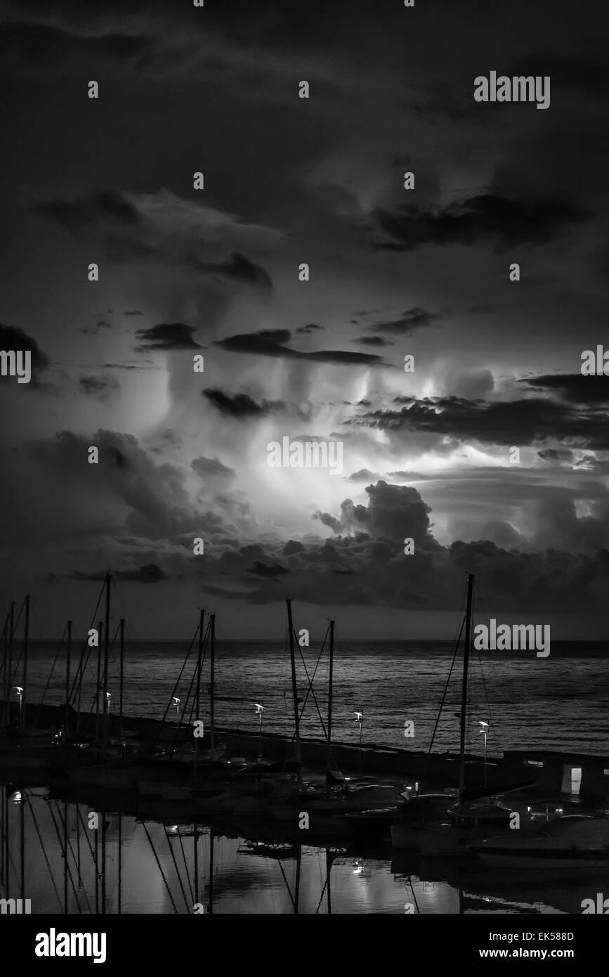 Italy, Sicily, Mediterranean sea, Marina di Ragusa, night view of ...