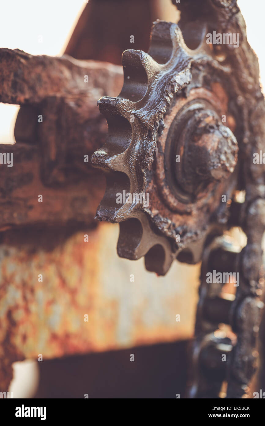 Close up dirty old gear and chain on piling machine Stock Photo - Alamy