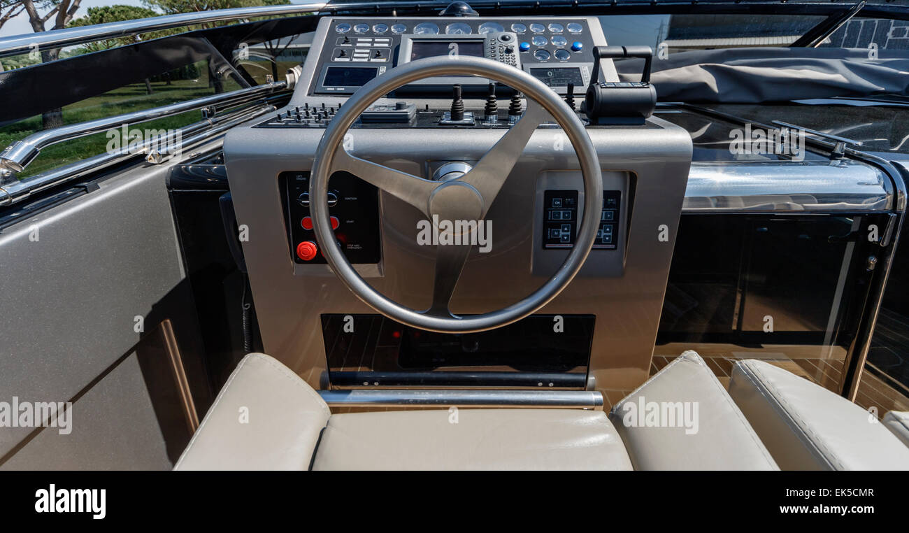 Italy, Fiumicino (Rome), luxury yacht ashore in a boatyard, cockpit ...