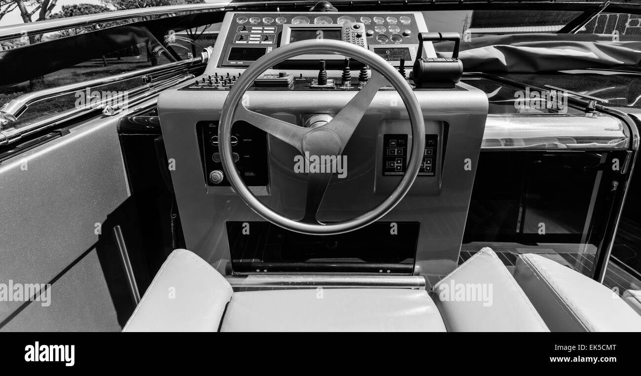 Italy, Fiumicino (Rome), luxury yacht ashore in a boatyard, cockpit ...