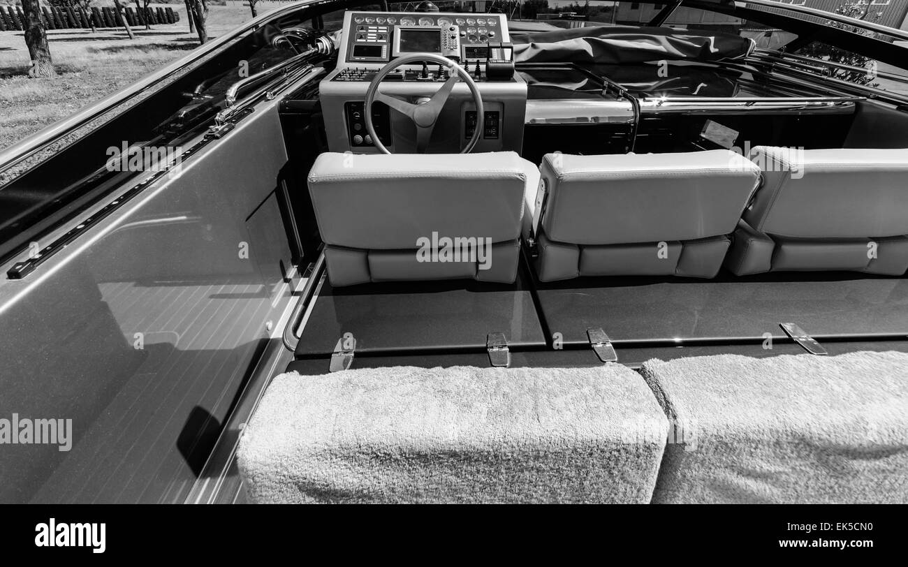 Italy, Fiumicino (Rome), luxury yacht ashore in a boatyard, cockpit ...