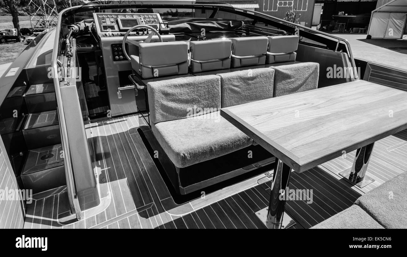 Italy, Fiumicino (Rome), luxury yacht ashore in a boatyard, cockpit ...