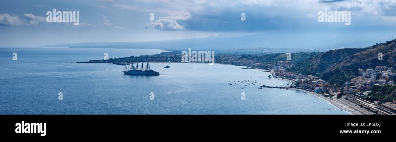 Italy, Sicily, Taormina, panoramic view of eastern sicilian coastline ...