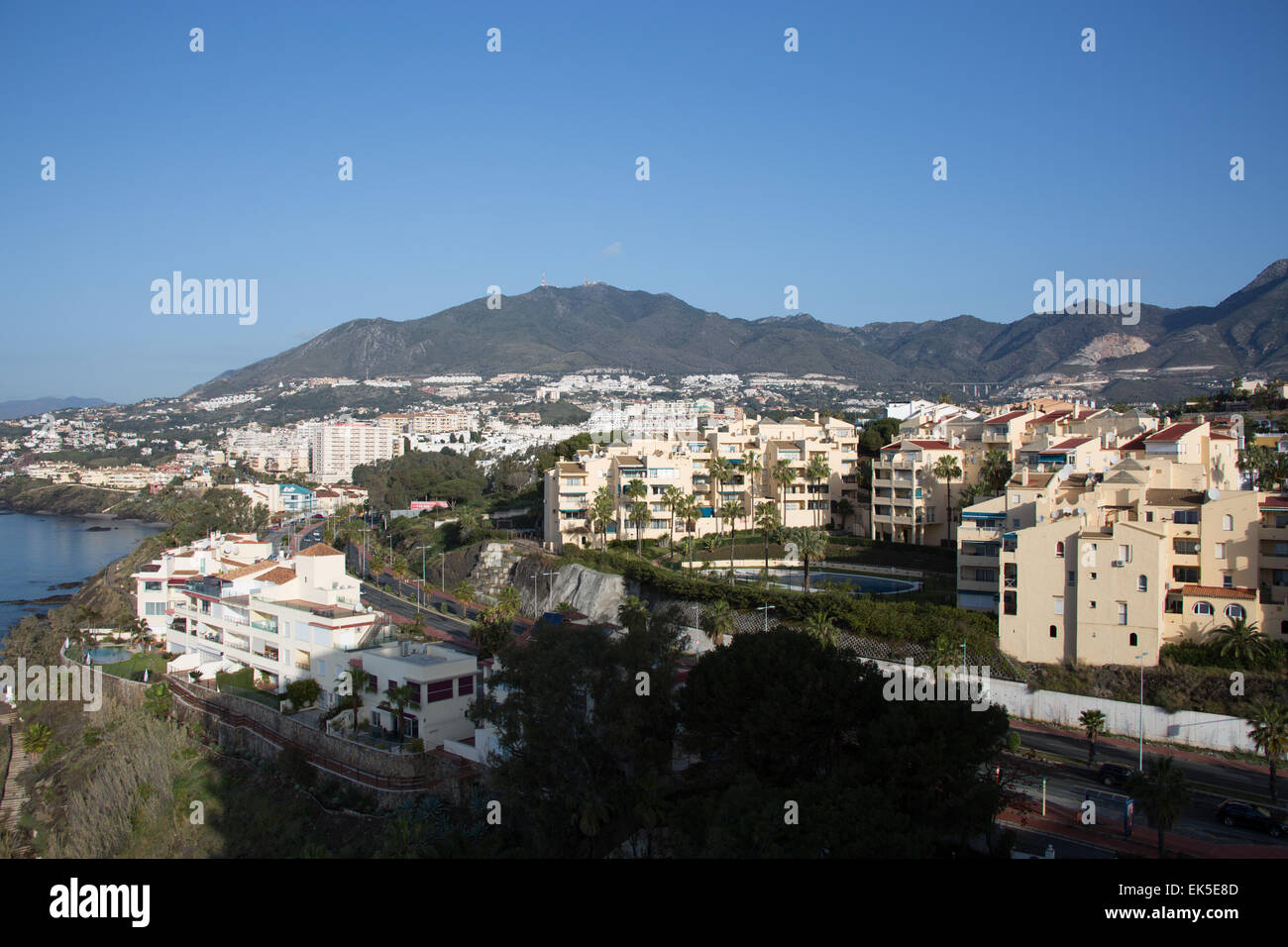 Coastal shoreline and mountain scenery at Torrequebrada Andalusia Spain ...