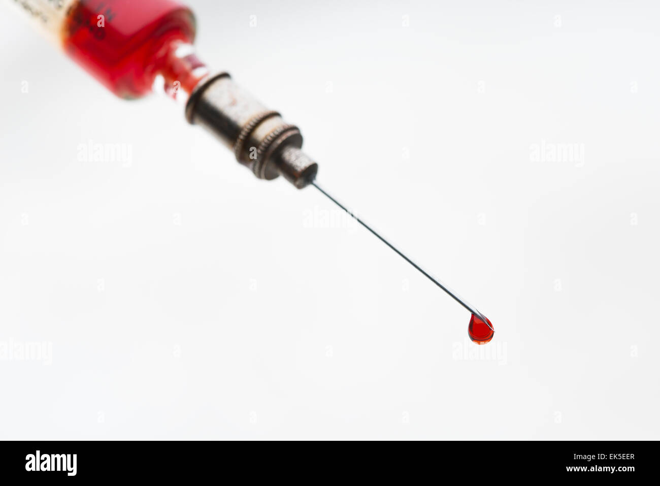 suggestive of body fluid and serum red liquid inside a syringe taken as ...