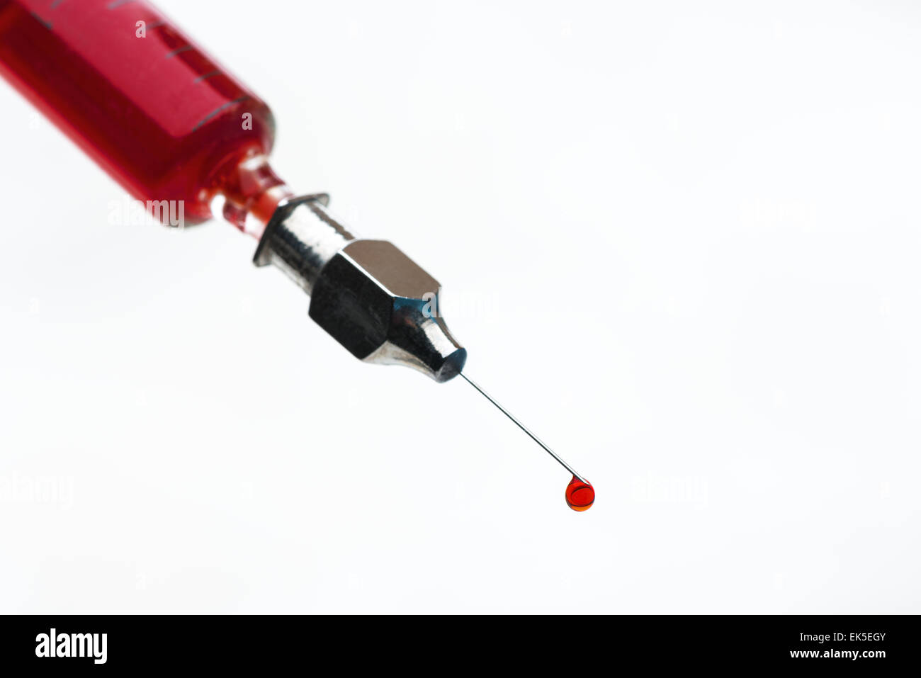 suggestive of body fluid and serum red liquid inside a syringe taken as ...