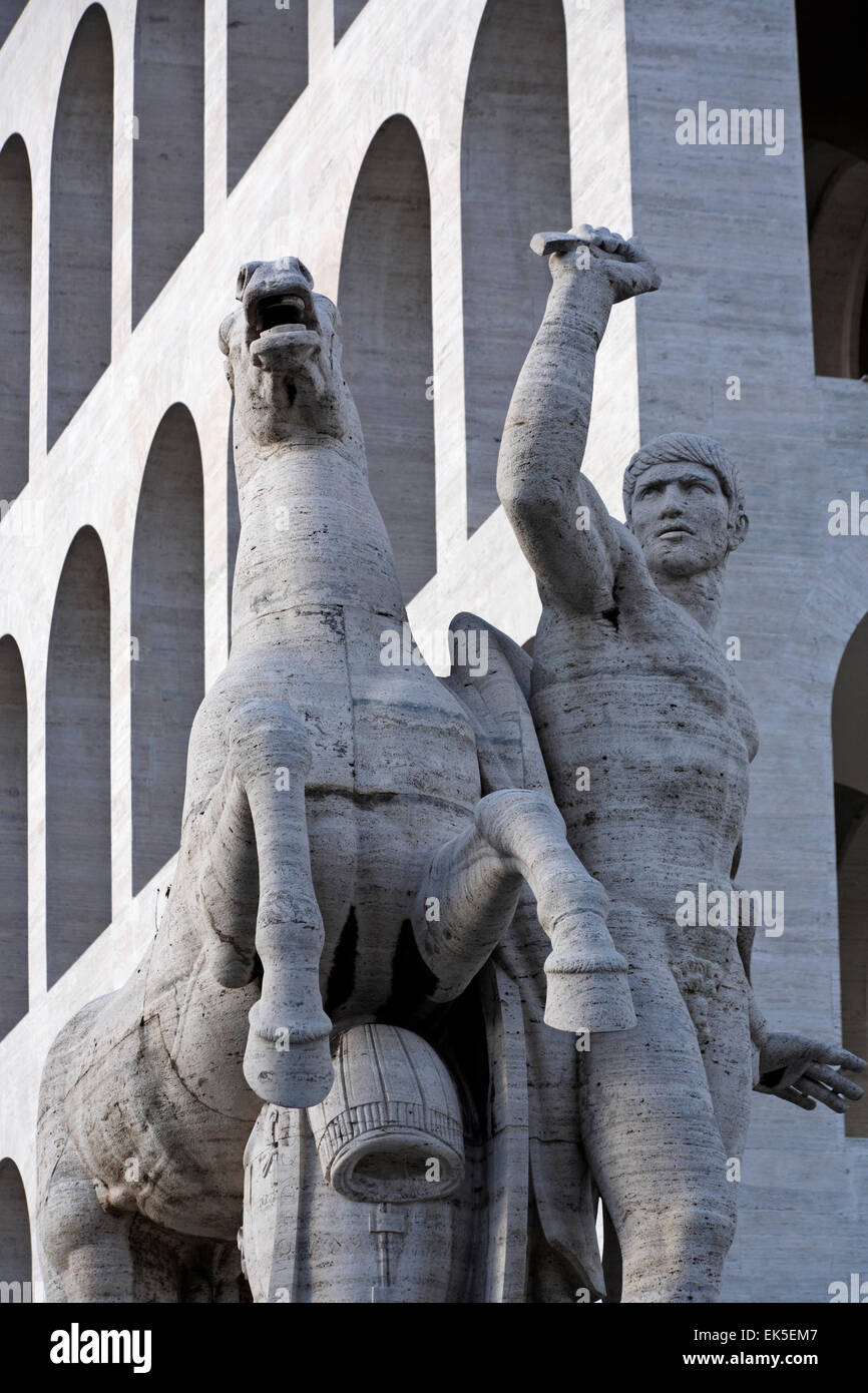 ITALY, Lazio, Rome, Eur, The horse marble statuein front of the Square ...