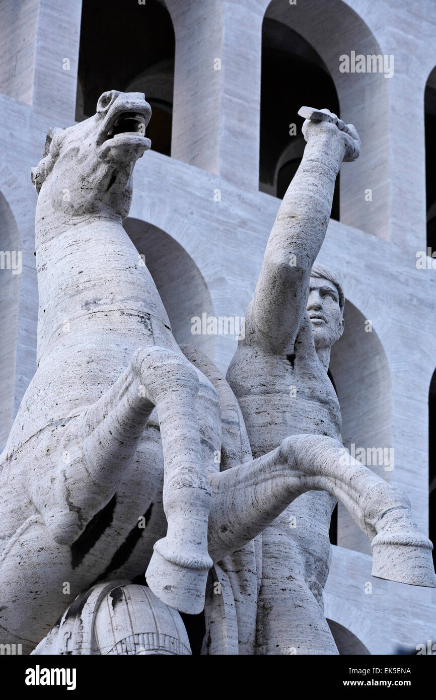 ITALY, Lazio, Rome, Eur, The horse marble statuein front of the Square ...