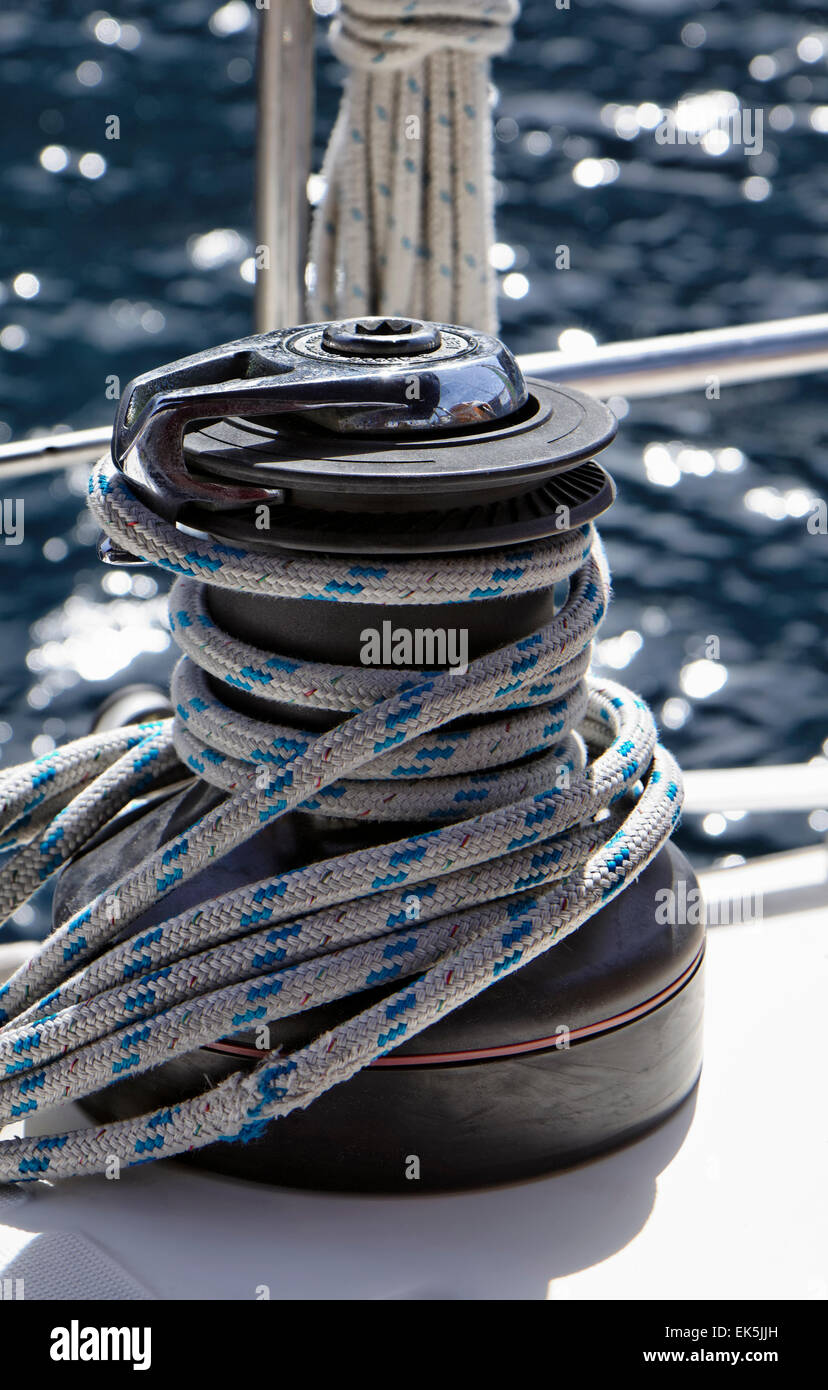 Italy, Sicily Channel, sailboat, nautical ropes and winch Stock Photo ...