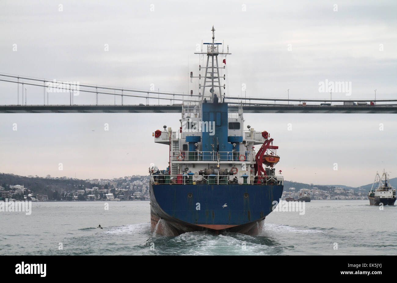 Turkey, Istanbul, Bosphorus Channel, Bosphorus Bridge, cargo ships on ...