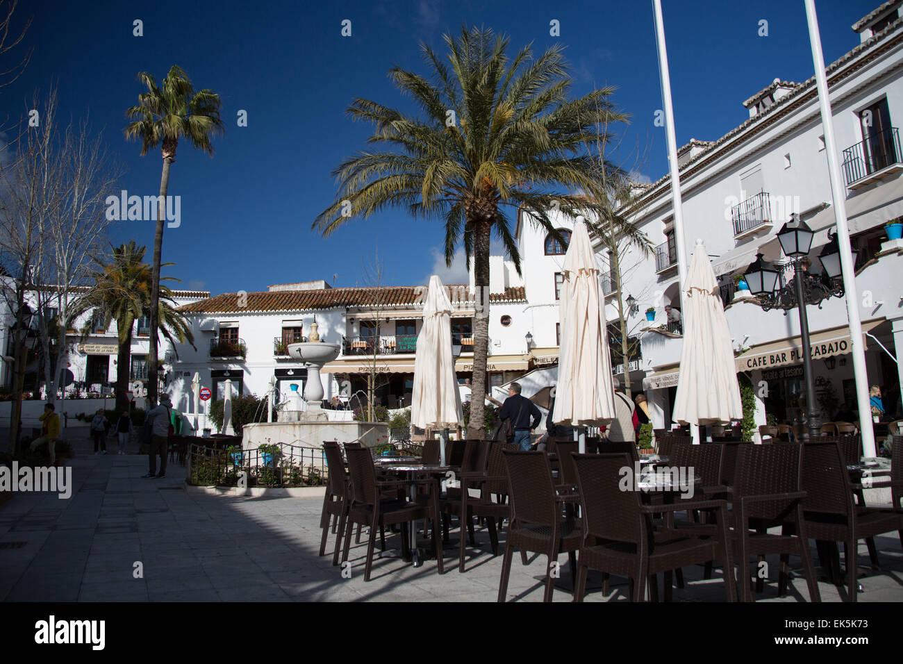 The town square in the traditional Spanish village (pueblo) at Mijas ...