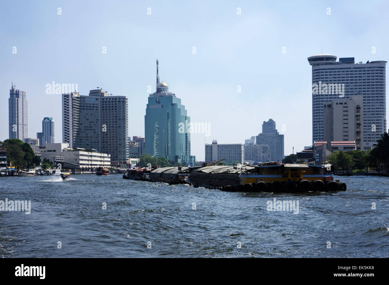 Thailand, Bangkok, view of the Chao Praya river and the skyline of the ...
