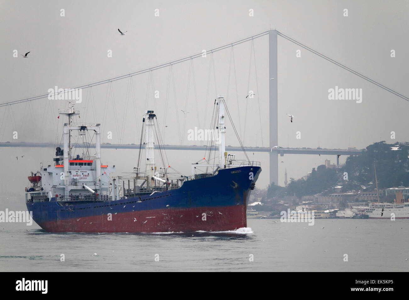 Turkey, Istanbul, Bosphorus Channel, Bosphorus Bridge, a cargo ship in ...