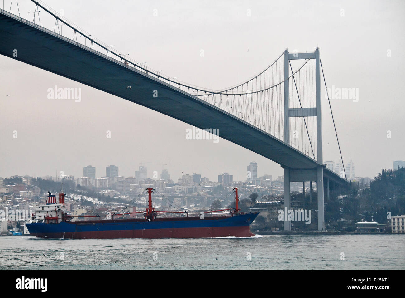 Turkey, Istanbul, Bosphorus Channel, Bosphorus Bridge, a cargo ship in ...