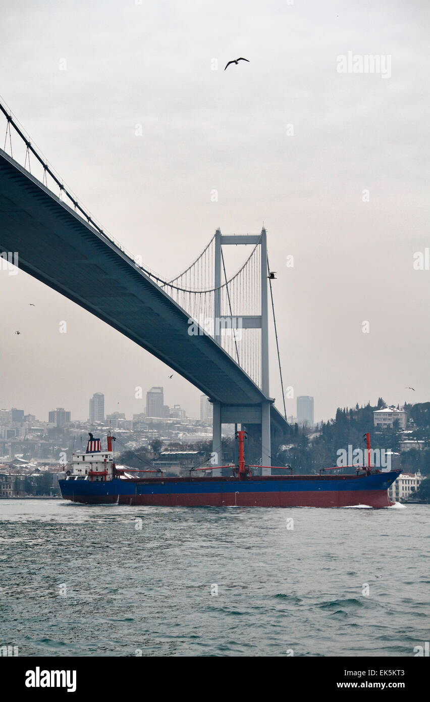 Turkey, Istanbul, Bosphorus Channel, Bosphorus Bridge, a cargo ship in ...