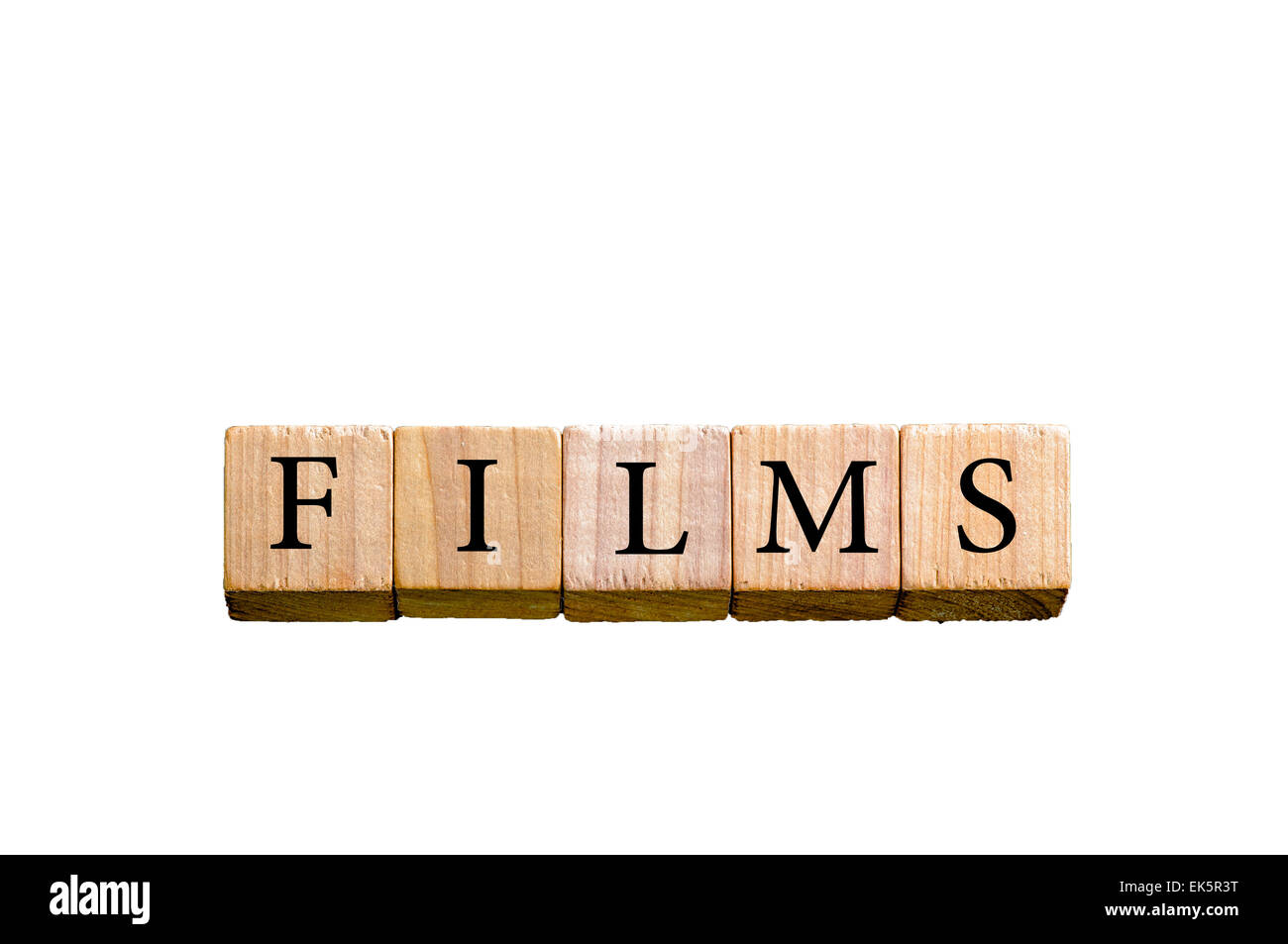 Word FILMS. Wooden small cubes with letters isolated on white ...