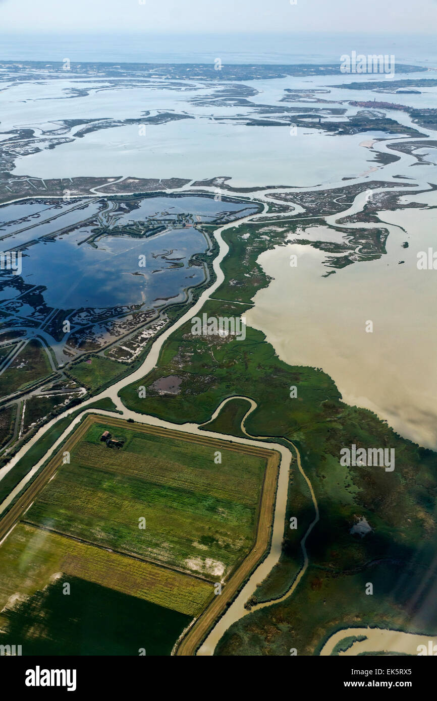 Italy, Veneto, contryside, aerial view of the Venetian lagoon with its ...